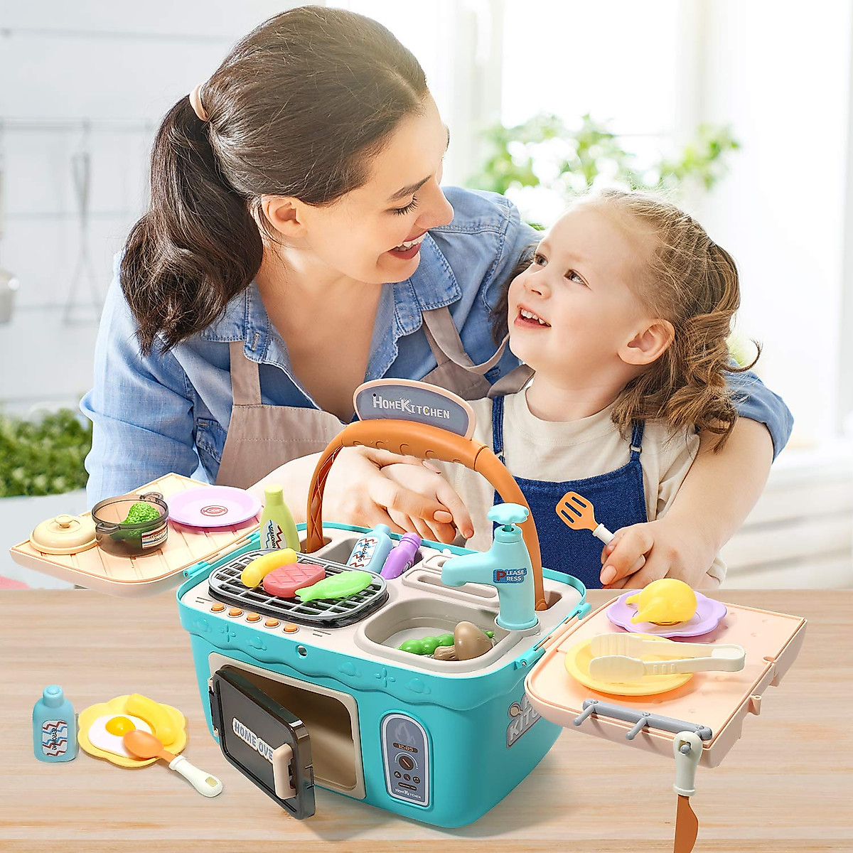 CUTE STONE Kids Picnic & Kitchen Playset,Portable Pinic Basket with Musics & Lights, Color Changing Play Foods, Sink,Pretend Play Oven and Other Accessories Toys for Boys and Girls