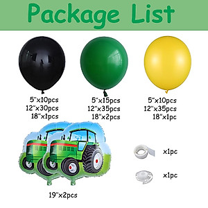 Tractor Balloon Garland Arch Kit 141PCS Farm Dark Green Black Yellow Balloon with Tractor Foil Balloon for Farm Themed Boy Birthday Baby Shower Party Decorations