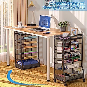 ThreeHio 7 Tier File Organizer Beside Desk, Rolling File Cart with Sliding Trays, Metal Free-Standing File Holder, Mesh Paper Organizer Letter Tray Desk Organizer for Office, Home, School (Patent)