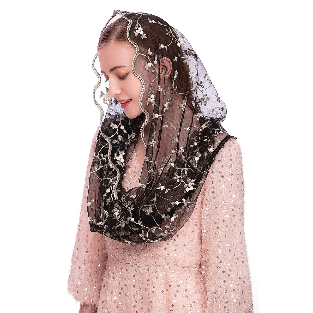 PAMOR Chapel Veils Mantilla Infinity Veil Latin Mass Little Flower Soft Embroidered Lace Head Covering Scarf (Black)