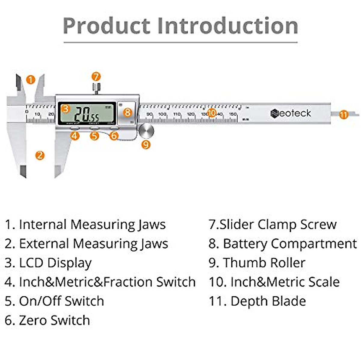 Neoteck 6 inch Digital Caliper, Full-Metal Electronic Calipers Measuring Tool Fractions/Inch/mm Conversion