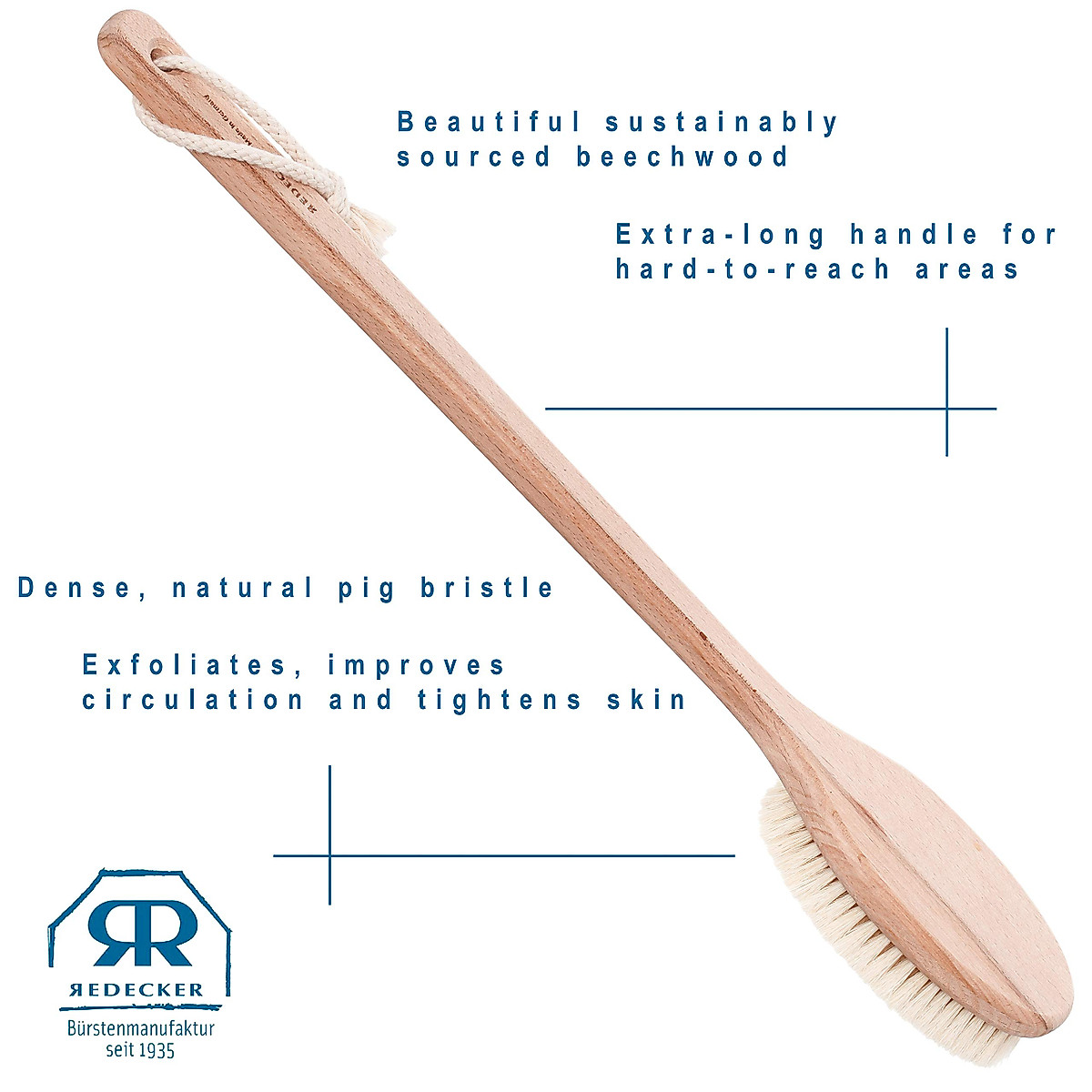 REDECKER Extra Long Beechwood Bath Brush - Natural Pig Bristle Body Brush for Showering, Back Scrubbing, Exfoliating, Dry Brushing and Lymphatic Drainage - Perfect for Hard-to-Reach Areas