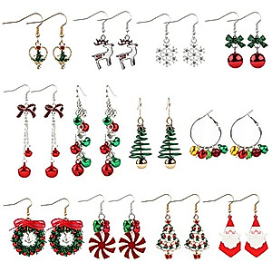 12 Pairs Christmas Dangle Earrings, Kalolary Christmas Tree Santa Claus Bow Jingle Reindeer Snowflake Plated Alloy Xmas Earrings Christmas Themed Pierced Hook Drop Earrings for Women