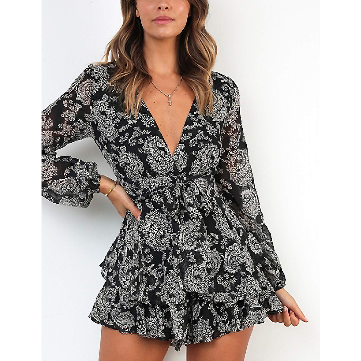Relipop Women's Romper Floral Print V Neck Baggy Sleeve Waist Tie Layered Ruffle Hem Short Casual Summer Rompers Jumpsuits
