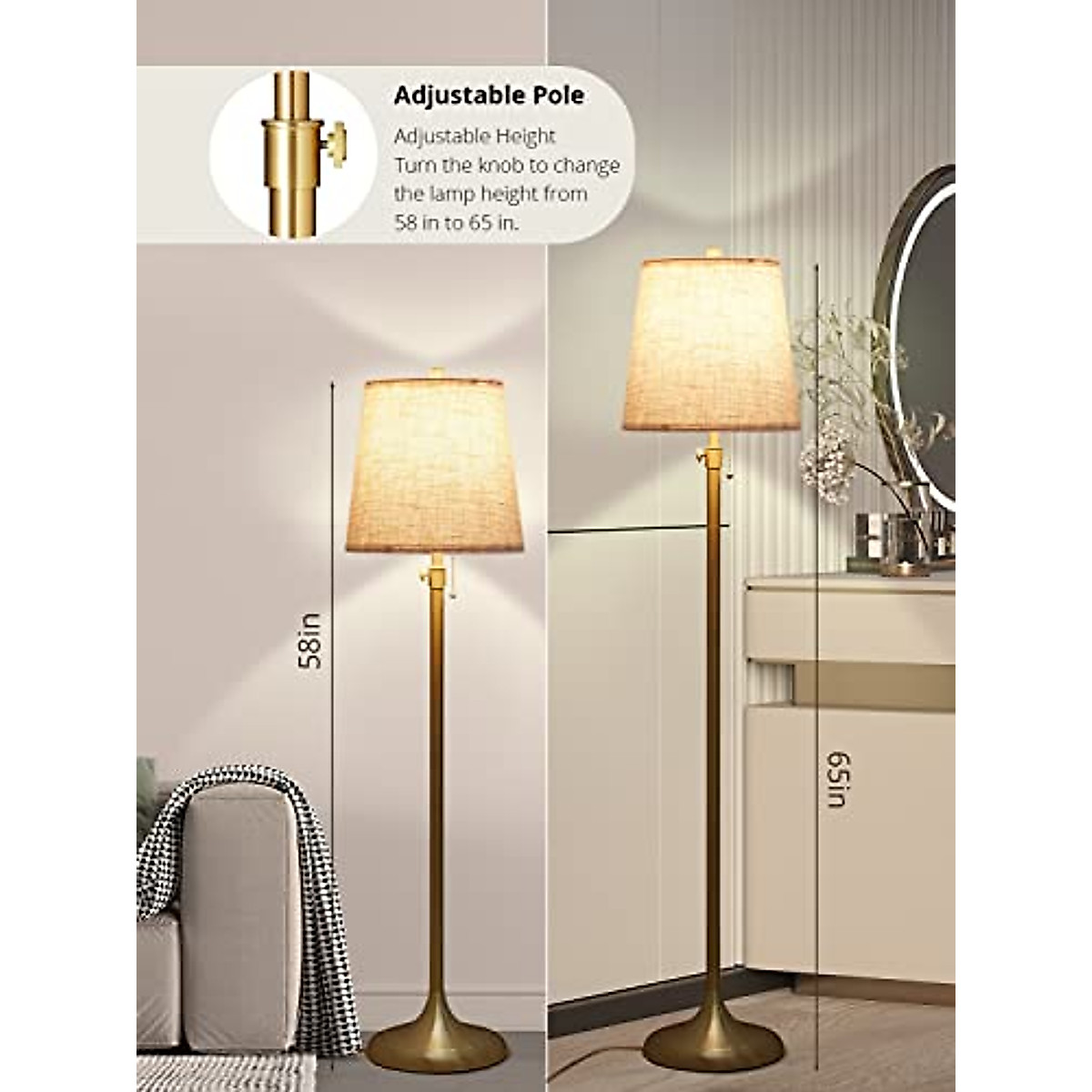 Meisoda Gold Floor Lamp, 9W 3 CCT Dimmable Standing Lamp with 2 Linen Lamp Shades and Pull Chain for Living Room, Bedroom, Office, 58" to 65" Adjustable Height, Modern Brushed Bronze Design