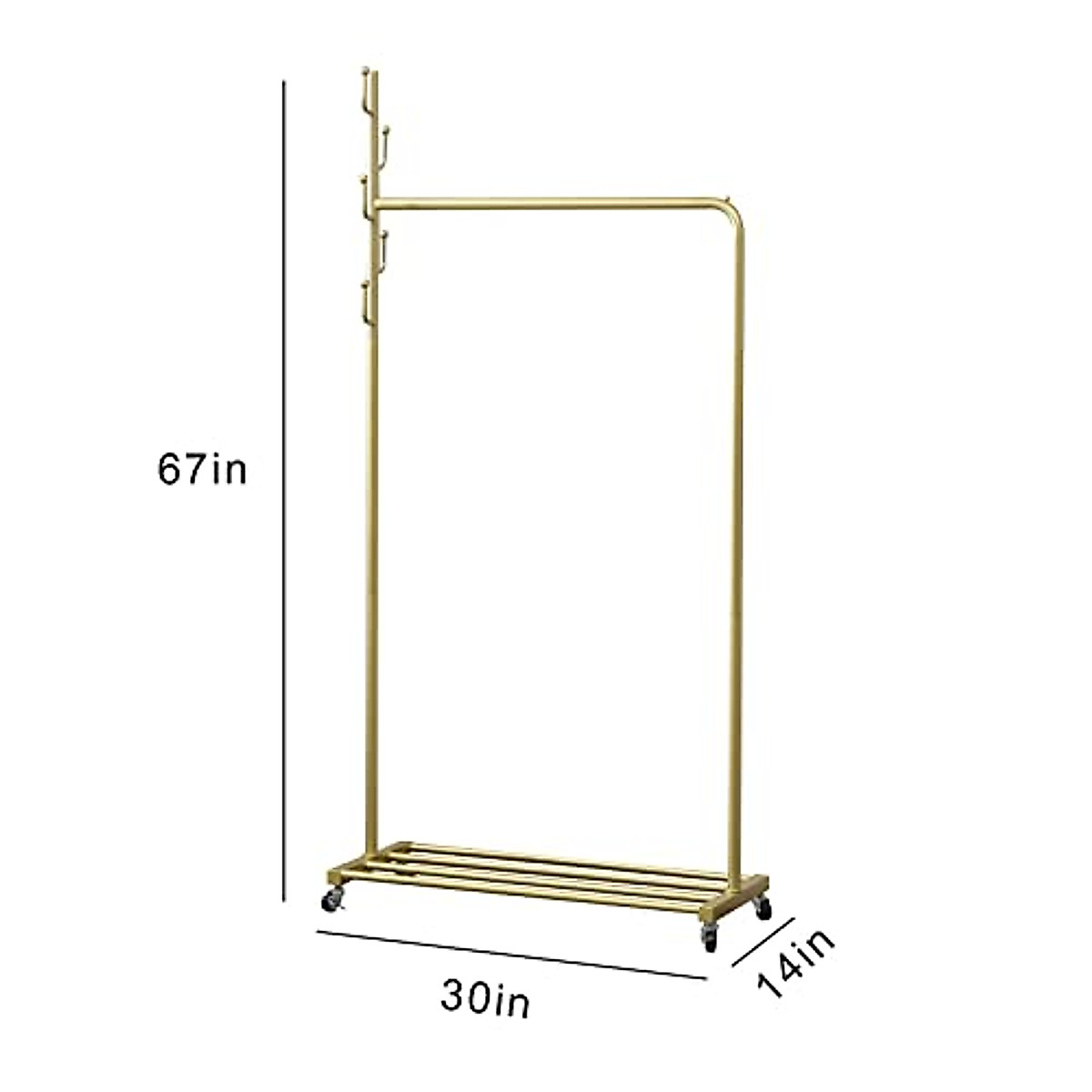 BOTAOYIYI Gold Clothing Garment Rack with Lockable Wheels, 3-in-1 Rolling Clothes Rack for Hanging Clothes, 5 Side Hooks and Bottom Shelves Organizing Clothes,Shoes,bags,hats