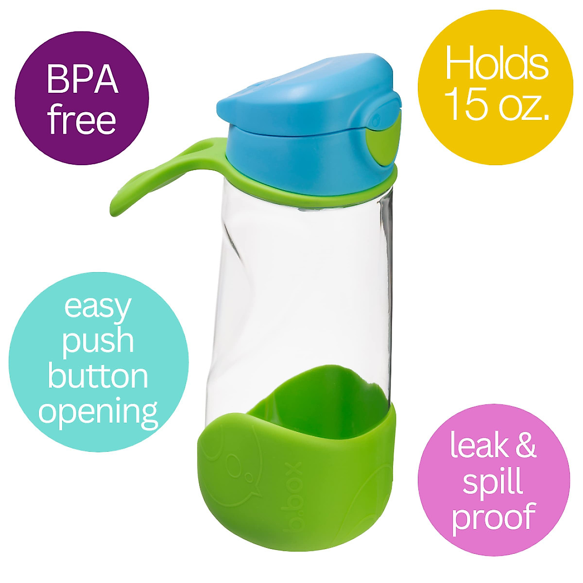 b.box 15oz Sport Spout Bottle: Kids Water Bottle with Durable Tritan. Silicone Spout with Flip Top Lid, Leak Proof, Spill Proof, BPA Free (Ocean Breeze, 15 oz)
