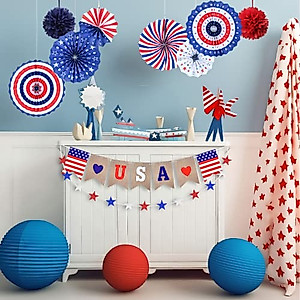 4th of July Decorations Independence Day Patriotic Decor Set - Red White Blue Paper USA Banner Flag Fans Star Streamer Pom Poms for Memorial Veterans Labor Presidents Flag Day Home Parties Accessories