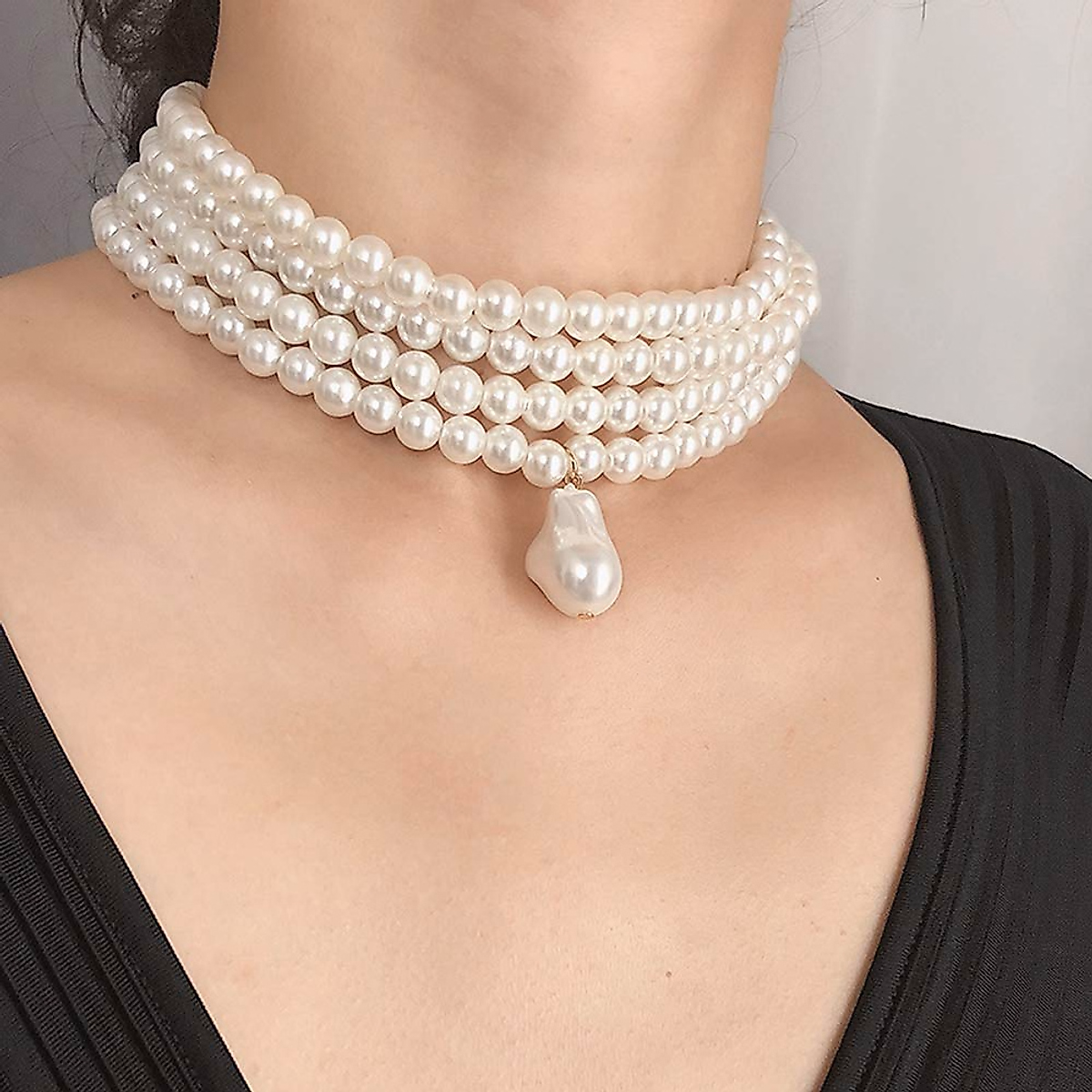 Daimay Simulated Pearl Chokers Multi-Layer Pearl Necklace Multi-Strand Pearl Statement Bridal Choker Necklace for Wedding Party Jewelry 20s Flapper Necklace for Party-Round L Size