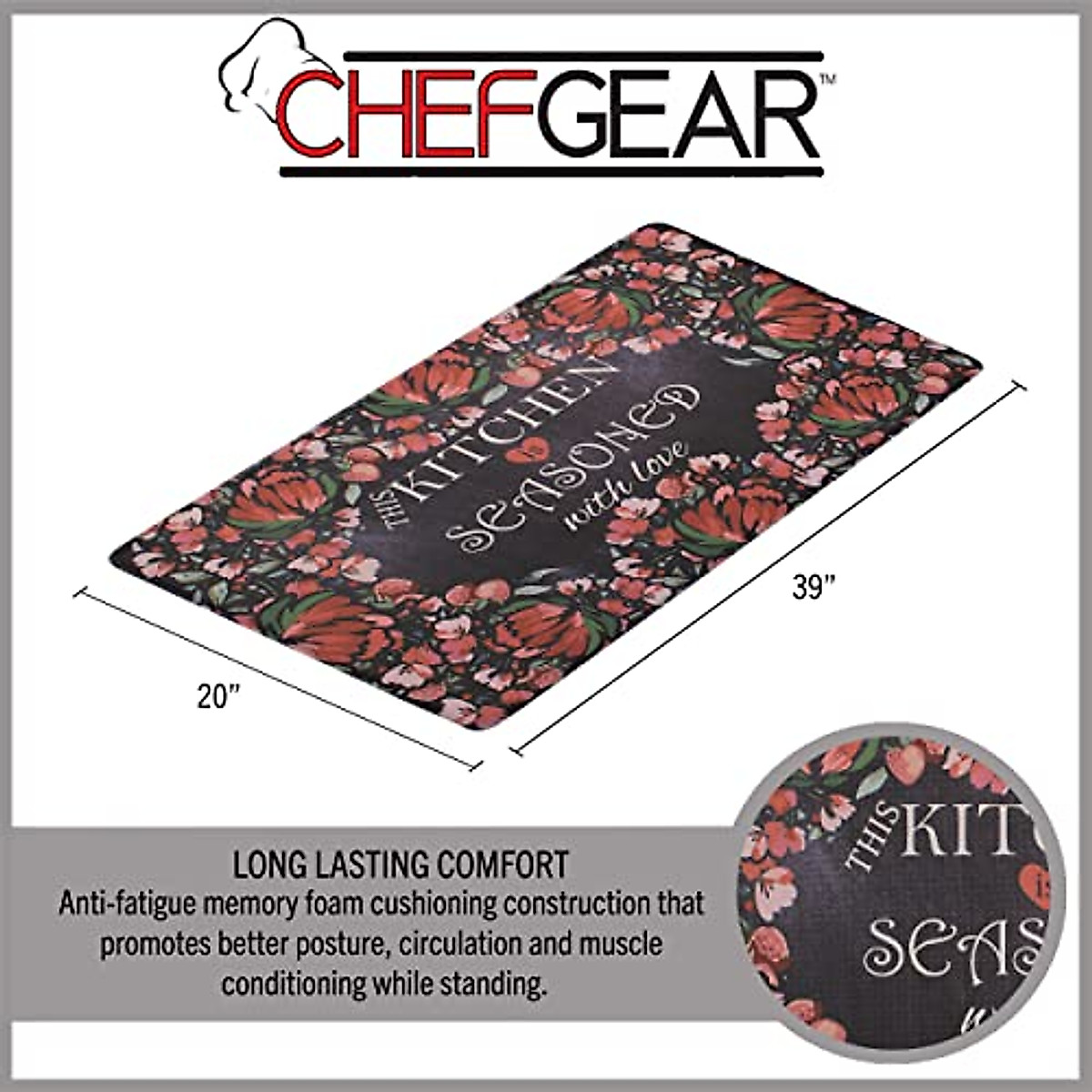 Chef Gear Floral Novelty Wellness Anti-Fatigue Kitchen Mat, Cooking & Standing Relief, Memory Foam & Skid-Resistant, 20" x 39", Brown Red