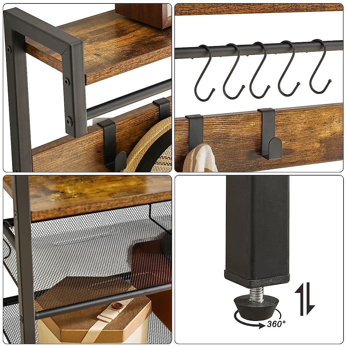 IBUYKE Coat Rack Shoe Rack, 4 in 1 Multi-Function Hall Tree with Slant Adjustable Shoe Storage, 5-Tier Storage Shelf and 9 Hooks Removable, Industrial Accent Furniture for Entryway, UTXJ008H