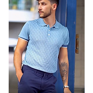 Mens Short Sleeve Polo Shirts Vintage Contrast Texture Knit Lightweight Pullover Tops for Golf Sport M Grey Blue