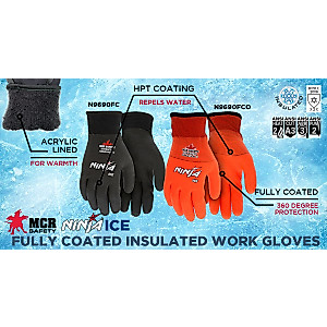 MCR Safety Gloves N9690FCM Ninja ICE Insulated Work Gloves 15 Gauge Black Nylon with Acrylic Terry Interior, HPT Coated, Medium, 1 Pair