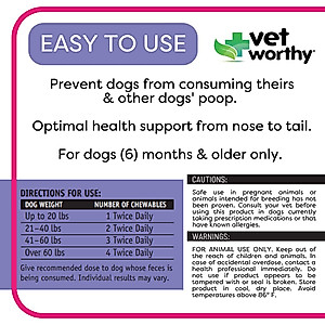 Vet Worthy Stop Stool Ingestion -Coprophagia - Dogs Supplement to Prevent Stool Eating - Dog Supplement with Yucca Schidigera, Parsley Leaf, Chamomile, Thiamine - Liver Flavor, 120 Chewable Tablets