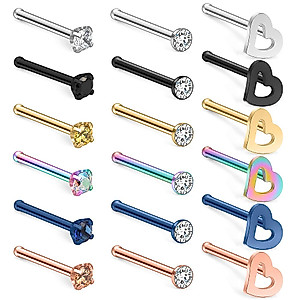 SCERRING 20G 18PCS Stainless Steel Heart Bone Nose Stud Rings Piercing Jewelry 2mm Cubic Zirconia
