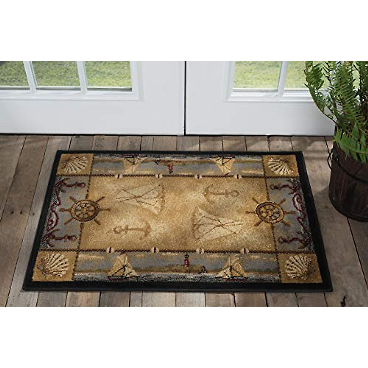 Seashore Nautical Novelty Lodge Pattern Beige Scatter Mat Rug, 2' x 3'
