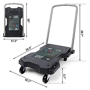 Olympia Tools Fully Folded Resin Push Cart Dolly - 330 Lb. Loading Capacity Foldable Moving Platform Cart Hand Truck - Black Collapsible Heavy Duty Folding & Rolling Flatbed Cart with 4 Swivel Wheels