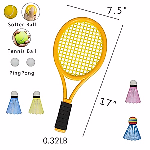 Kids Tennis Rackets with Carrying Bag,Soft Training Balls and Badminton Birdies,12 in 1 Tennis Racquets Gift Set for Children Outdoor Indoor Sports (Green+Yellow,Plastic,17inch)