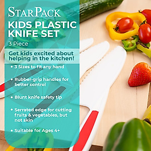 StarPack Kids Knife Set of 3 & 4x Sandwich Cutters for Kids - Toddler Knife Set & Fun Sandwich Cutters for Kids - Kids Knives for Real Cooking & 4x cookie cutters/sandwich cutters (Cherry Red)
