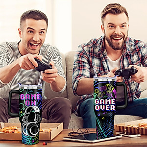 thmasamwr Game Tumbler with Lid and Straw, 40oz Gamer Water Bottle Cup with Handle, Gaming Travel Coffee Mugs, Birthday Gifts for Gamer Men Boys
