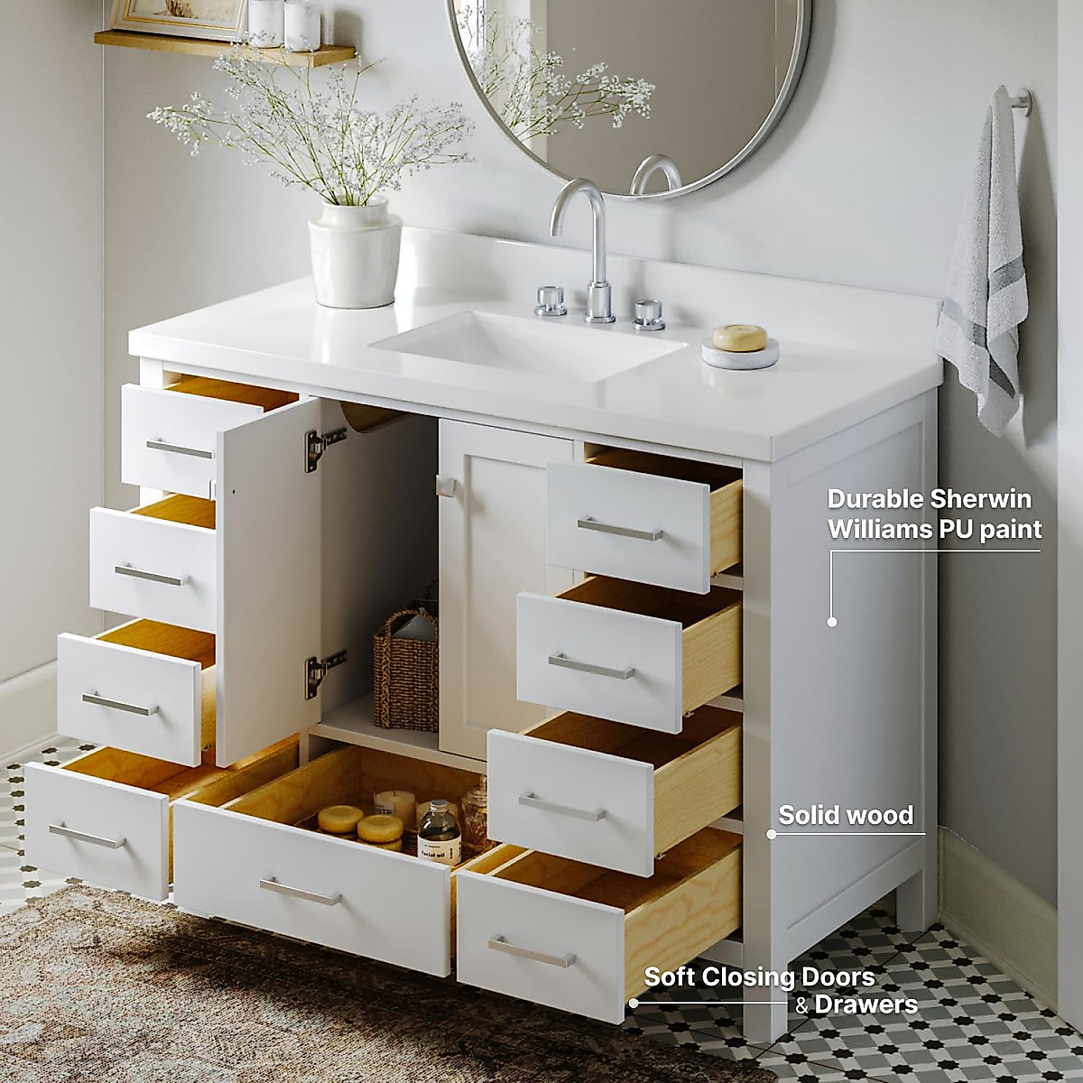 ARIEL 48" White Bathroom Vanity Base Cabinet, Single Sink Configuration, 2 Soft Closing Doors, 9 Full Extension Dovetail Drawers, Brushed Nickel