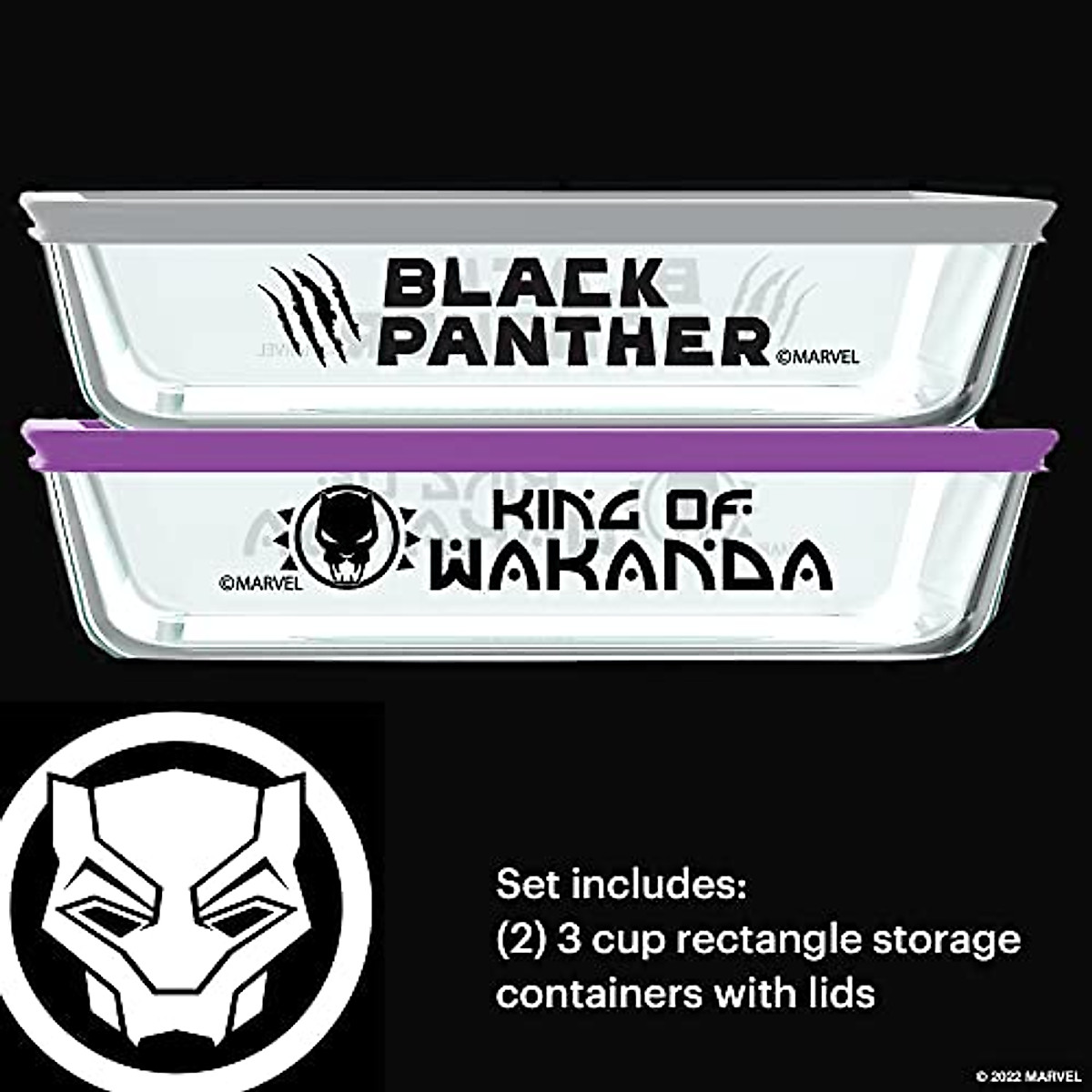 Pyrex 8-Pc Glass Food Storage Container Set, Includes (2) 4-Cup Round Glass Containers, (2) 3-Cup Rectangle Glass Containers, Meal Prep Containers with Lid, Disney's Marvel's Black Panther