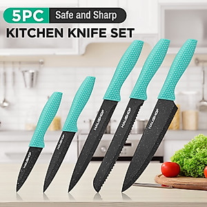 HAUSHOF Kitchen Knife Set, 5 PCS Knife Sets with Arcylic Block, Teflon Coated Green Knives Set for Kitchen, Premium Stainless Steel Knives Set with Ergonomic Handle, Great for Slicing, Dicing&Cutting