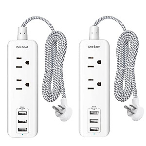 2 Pack Power Strip with USB, 2 Outlets and 3 USB Ports(3.1A) Travel Power Strip, Desktop Charging Station with 5 ft Braided Extension Cord, Flat Plug for Cruise, Home and Office, White, ETL Listed
