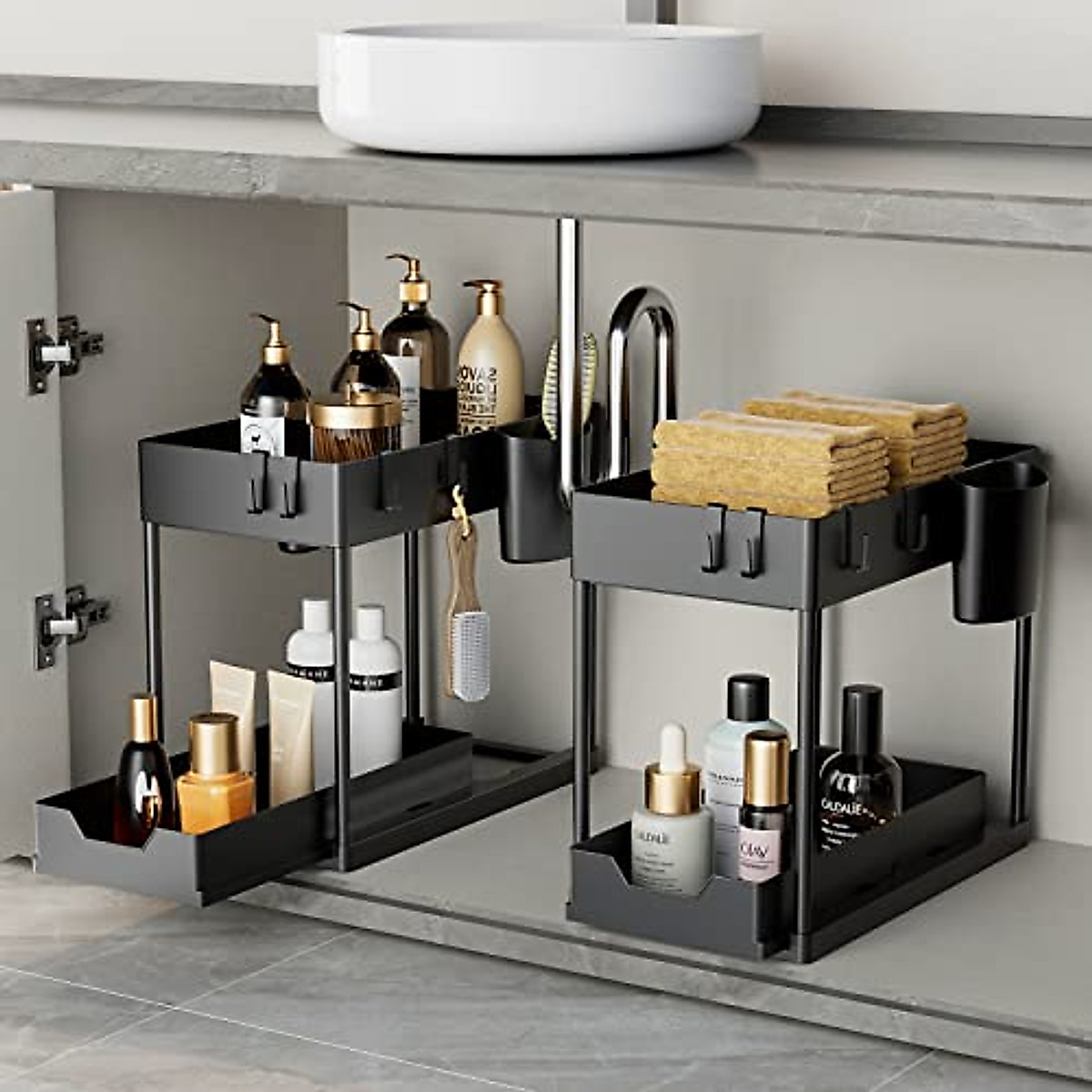 2Pcs Under Sink Organizers and Storage, Pull Out Cabinet Organizer 2-Tier Under Sliding Cabinet Basket Organizer Drawer with Hooks, Hanging Cup, Multi-purpose Storage Shelf for Bathroom Kitchen, Black