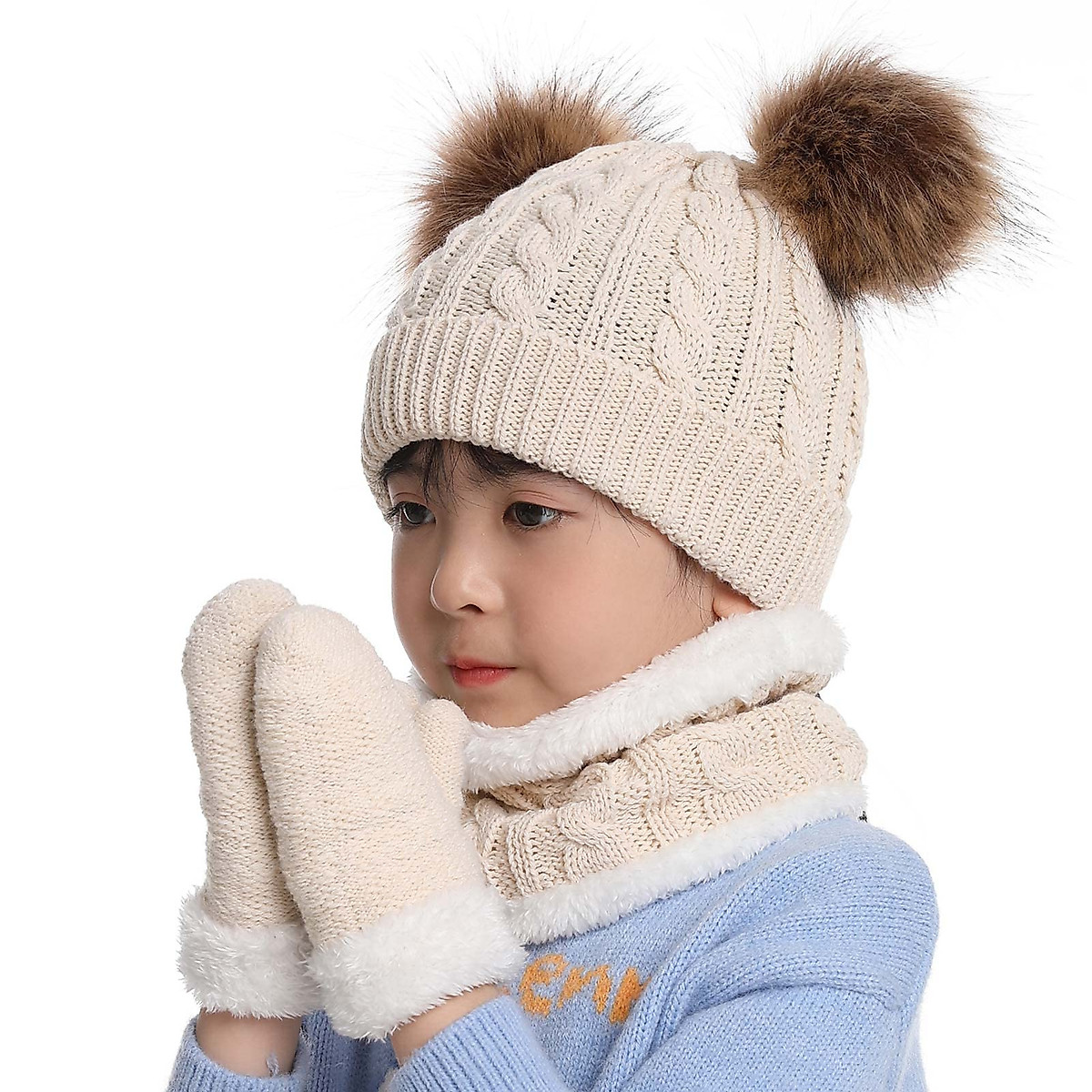 Duoyeree Baby Winter Hat Warm Scarf Gloves Set Pom Knitted Beanie Mitten Scarves for Toddler Girl Boy Beige
