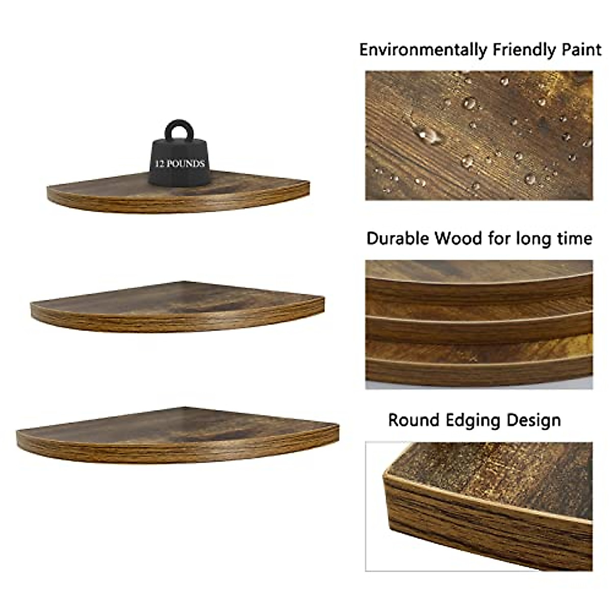 WIFTREY Wall Mount Floating Corner Shelves Set of 3, Hanging Rustic Wall Storage Corner Shelf for Bedroom, Living Room, Bathroom, Kitchen