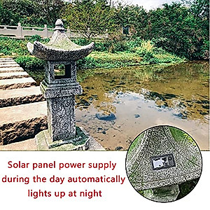 L-JTLYM Solar Lights Outdoor Garden Decor, LED Solar Powered Lighthouse, No Need to Connect, Pagoda Lantern Garden Statue, Hand-Carved, for Tabletop,Ground,Patio,Courtyard Decoration, Grey Finish