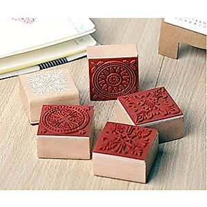 Waugve 12Pcs Wooden Stamps Floral Pattern Rubber Stamp Round and Square Lace Wooden Rubber Stamp for Scrapbooking and DIY Craft Card