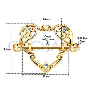 COCHARM 2pcs Heart Nipple Rings Gold for Women 14G Surgical Steel Nipple Piercing Nipple Shield CZ Nipple Barbell