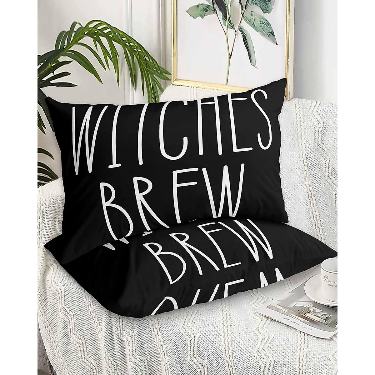 Edwiinsa Halloween Pillow Covers King Standard Set of 2 Bed Pillow, White Words Witches Brew Horror Black Plush Soft Comfort for Hair/Skin Cooling Pillowcases with Envelop Closure 20''x36''