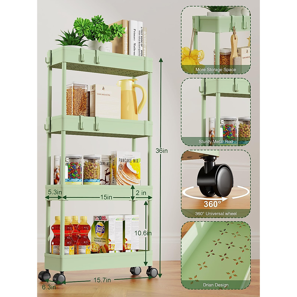 LEHOM 5.3" Slim Storage Cart - 4 Tiers Bathroom Organizer Mobile Shelving Unit Storage Rolling Utility Cart Slide Out Organizer for Kitchen Bathroom Laundry Narrow Places, Green