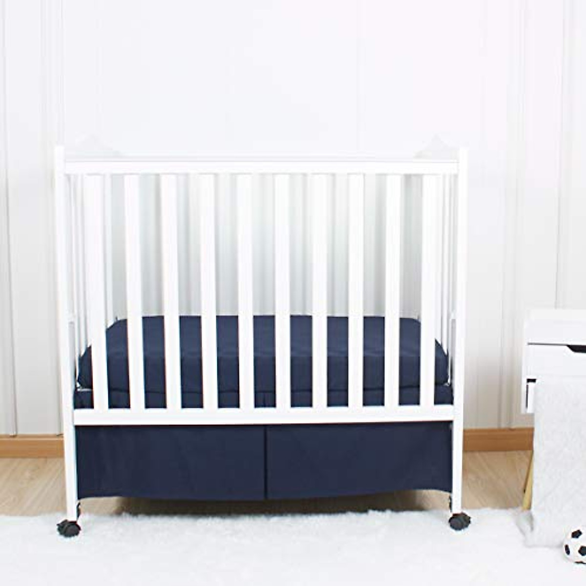CaSaJa Mini Crib Skirt Pleated, Silk-Looking Soft Microfiber Baby Bed Skirt with Durable Platform for Mini and Portable Cribs 24" X 38", 12" Generous Drop Dust Ruffle, Machine Washable, Navy