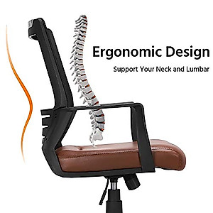 Topeakmart Executive Office Chair, Adjustable Swivel Desk Chair with Lumbar Support, Mesh Computer Chair with PU Leather Padded Seat for Back Pain/Home/Workplace Brown