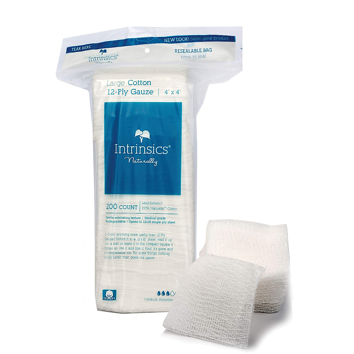 INTRINSICS 401423 Med-Esthetic 100% Cotton Large 12-Ply Gauze 4"x 4" - 200 Count