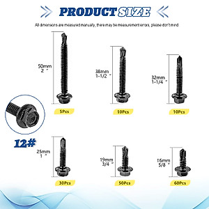 Glarks 165Pcs 410 Stainless Steel #12 Hex Washer Head Self Drilling Screws Assortment Kit 6 Size Black #12x5/8, #12x3/4, #12x1, #12x1-1/4, #12x1-1/2, #12x2 Sheet Metal Screws with Drill Point