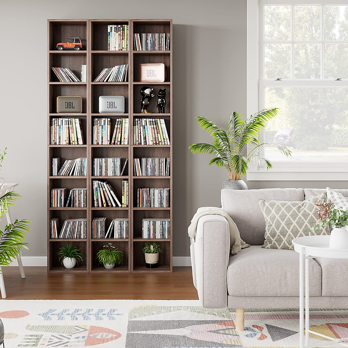 PUPL 8-Tier Media Tower Rack, CD DVD Storage Organizer Cabinet with Adjustable Shelves, 11.6 x 9.3 x 70.9 Inches Slim Wood Look Bookshelf Display Bookcase for Home Office, Oak