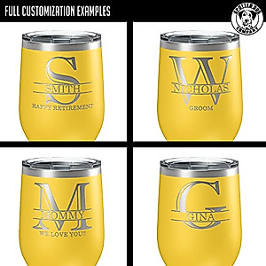Personalized 12oz (17 Colors) Powder Coated Stainless Steel Stemless Wine Tumbler with Lid, Custom Etched, Customized Gift for Women Her, Wine Lover, Halpert Monogram Initial Name (Yellow)