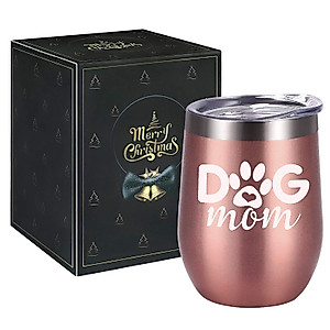 GINGPROUS Dog Mom Wine Tumbler Dog Lover Gifts for Women, Funny Wine Tumbler Gifts for Dog Mom Dog Lover Daughter Wife Friend, 12 Oz Insulated Stemless Steel Wine Tumbler, Rose Gold