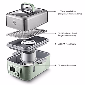 BUYDEEM G563 5-Quart Electric Food Steamer for Cooking, One Touch Vegetable Steamer, Digital Multifunctional Steamer, Quick Steam in 60s, Stainless Steel Steamer Tray & Glass Lid, Cozy Greenish, 1500W