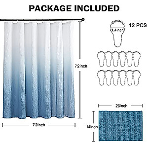 REEPLE Ombre Shower Curtain Set with Rugs and Hooks for Bathroom Textured Waterproof Gradient Fabric Bath Shower Curtain 72 x 72 Inches Blue