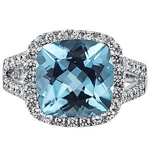 PEORA Swiss Blue Topaz Signature Ring for Women 925 Sterling Silver, Genuine Gemstone Birthstone, Large 6.25 Carats Cushion Cut 11mm, Size 9