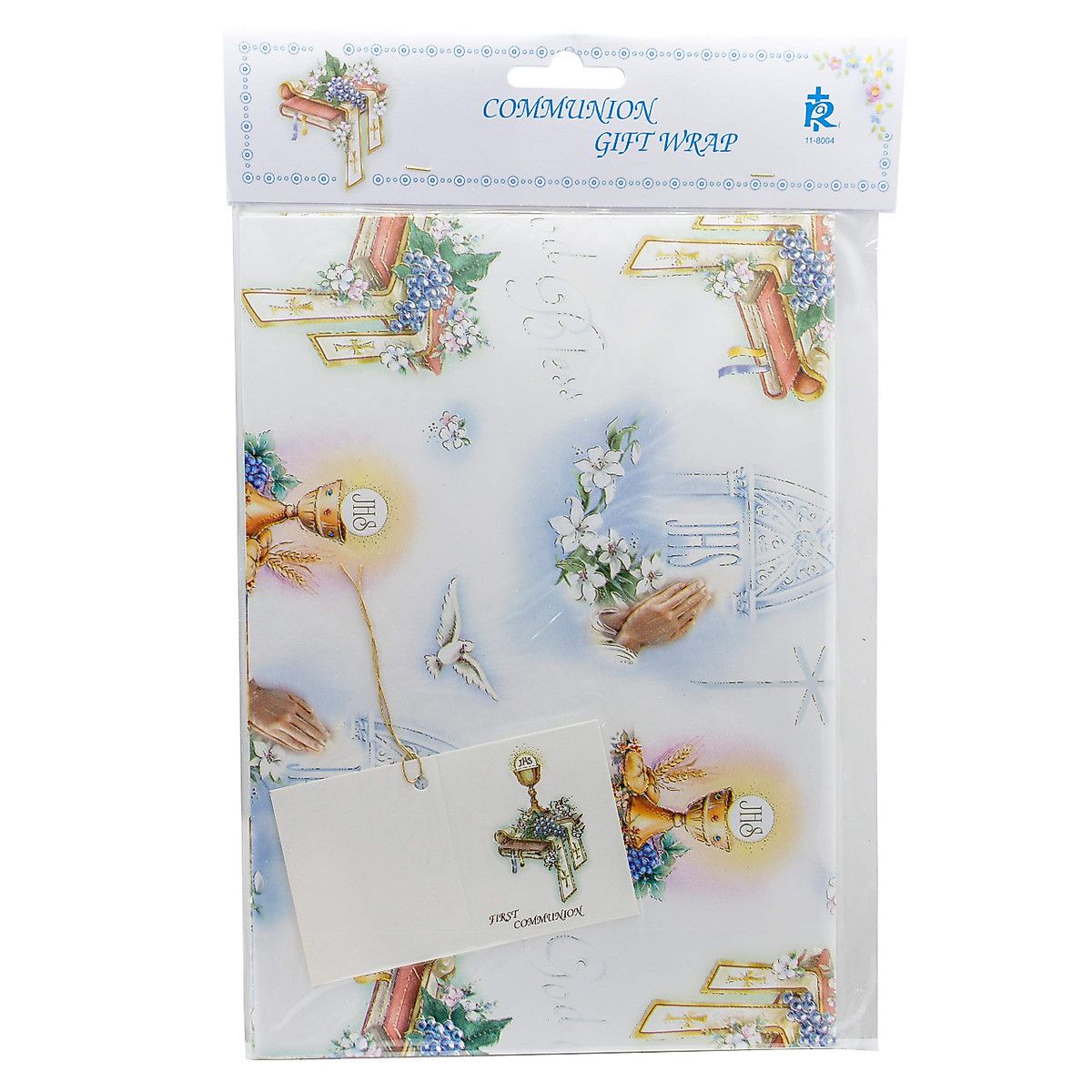 Catholic Wrapping Paper | First Communion or Confirmation | Gift Wrap for Sacrament Celebrations | Features Bishop Hat, Monstrance, and Praying Hands | Printed in Italy (First Communion)
