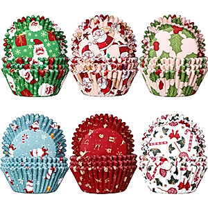 600 Pieces Christmas Cupcake Wrappers, Candy Santa Claus Cupcake Liners, Snowman Cupcake Cups, Xmas Colorful Paper Baking Cups for Cake Candy Make Baking Supplies, 6 Styles(Classic Styles)