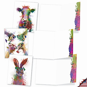 The Best Card Company - 10 Mixed Animals Watercolor Greeting Cards Blank with Envelopes, Thinking of You Thank You Notecards Set 4 x 5.12, Funky Rainbow Wildlife M4948OCB-B1x10