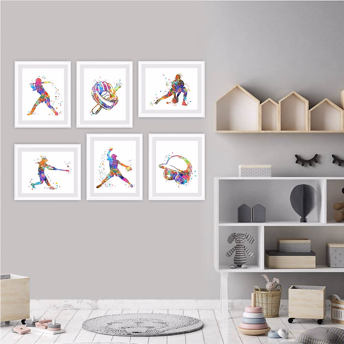 Dignovel Studios Unframed (Set of 6) 8X10 Watercolor Girl Baseball Softball helmet glove ball bat blazer Sport Art print Bedroom Wall Art dnc4